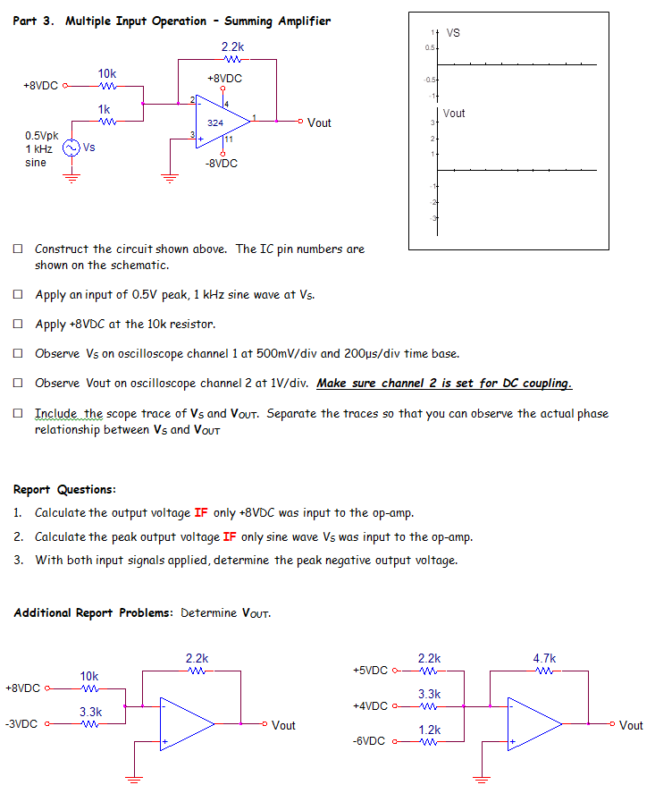Part 3. Multiple Input Operation - Summing Amplifier | Chegg.com