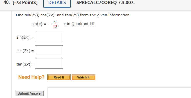 Solved Find sin(2x),cos(2x), ﻿and tan(2x) ﻿from the given | Chegg.com