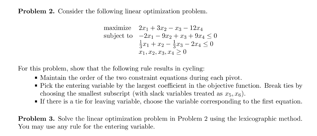 Solved Problem 2. Consider the following linear optimization | Chegg.com
