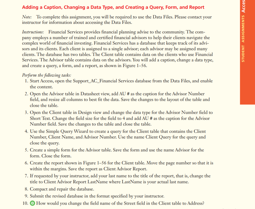 Solved STUDENT ASSIGNMENTS Acces Adding a Caption, Changing | Chegg.com