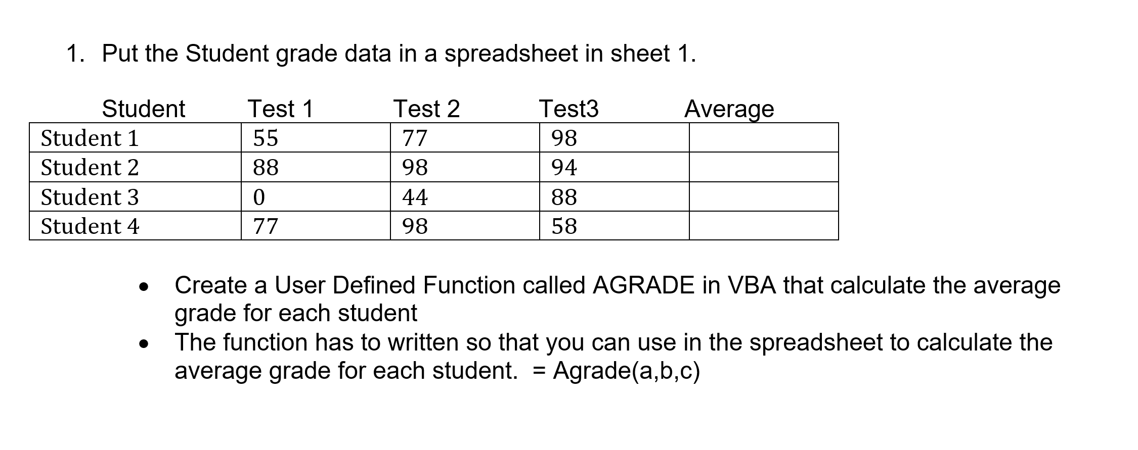 1. Put the Student grade data in a spreadsheet in | Chegg.com
