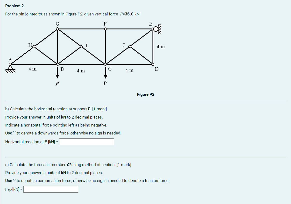 Solved For the pin-jointed truss shown in Figure P2, given | Chegg.com