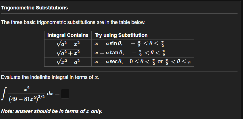 Solved Trigonometric Substitutions The three basic | Chegg.com