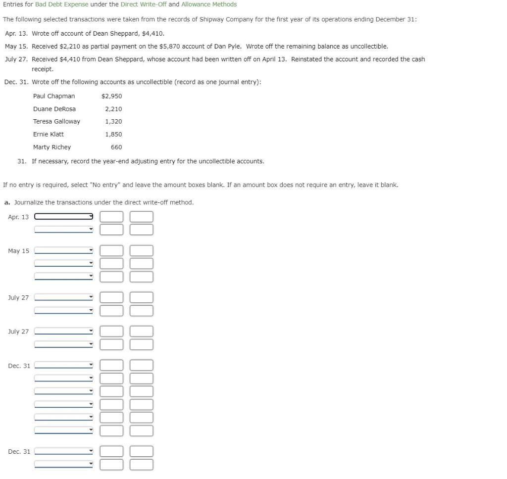 Solved Entries for Bad Debt Expense under the Direct | Chegg.com