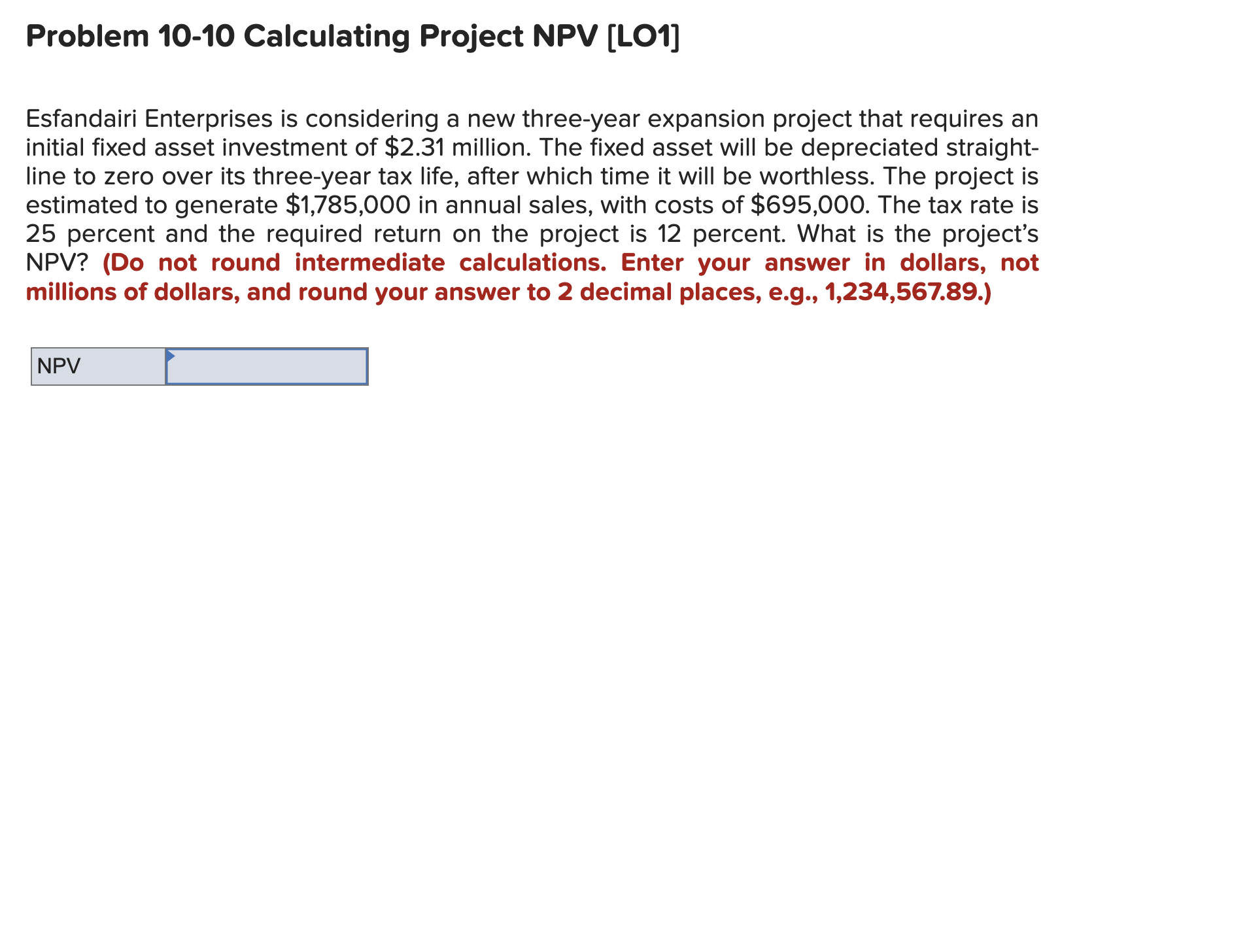 Solved Problem 10-10 Calculating Project NPV [LO1] | Chegg.com