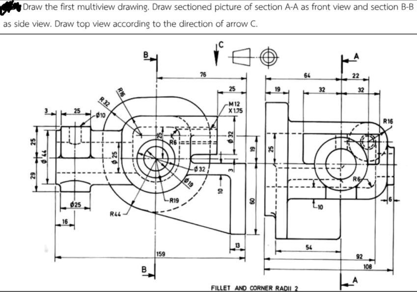 Draw the first multiview drawing. Draw sectioned | Chegg.com