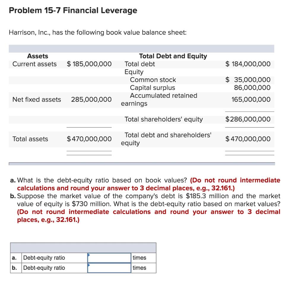 Solved Problem 15-7 Financial Leverage Harrison, Inc., has | Chegg.com