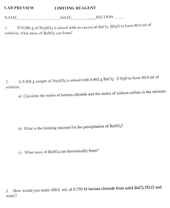 Solved LAB PREVIEW LIMITING REAGENT NAME DATE SECTION 1. If | Chegg.com