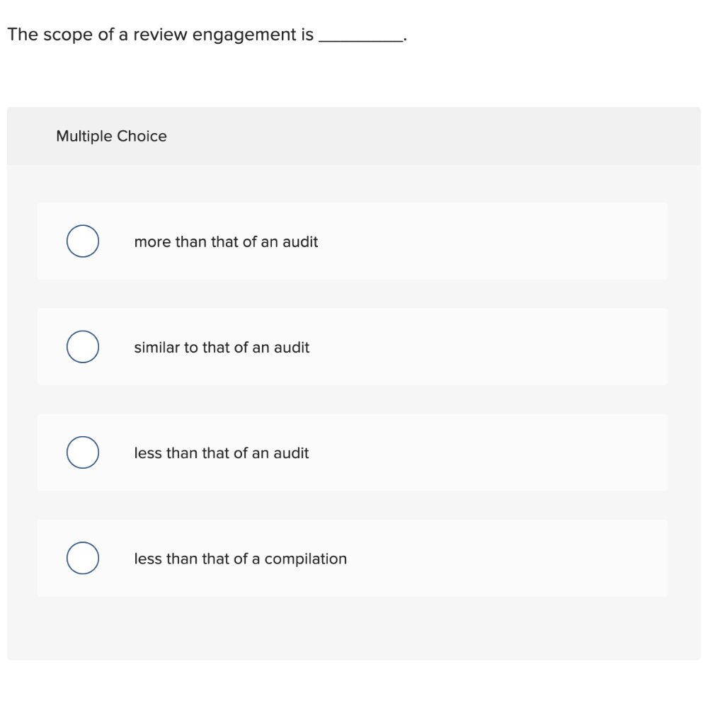 Solved The scope of a review engagement is Multiple Choice | Chegg.com