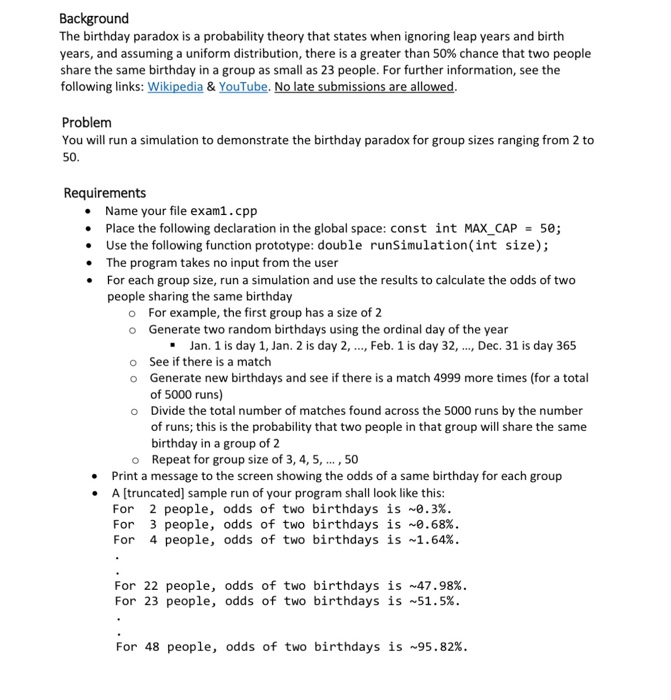 Solved Background The birthday paradox is a probability | Chegg.com