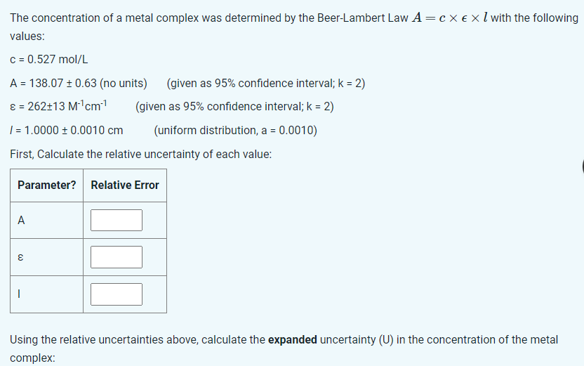 Solved The concentration of a metal complex was determined | Chegg.com