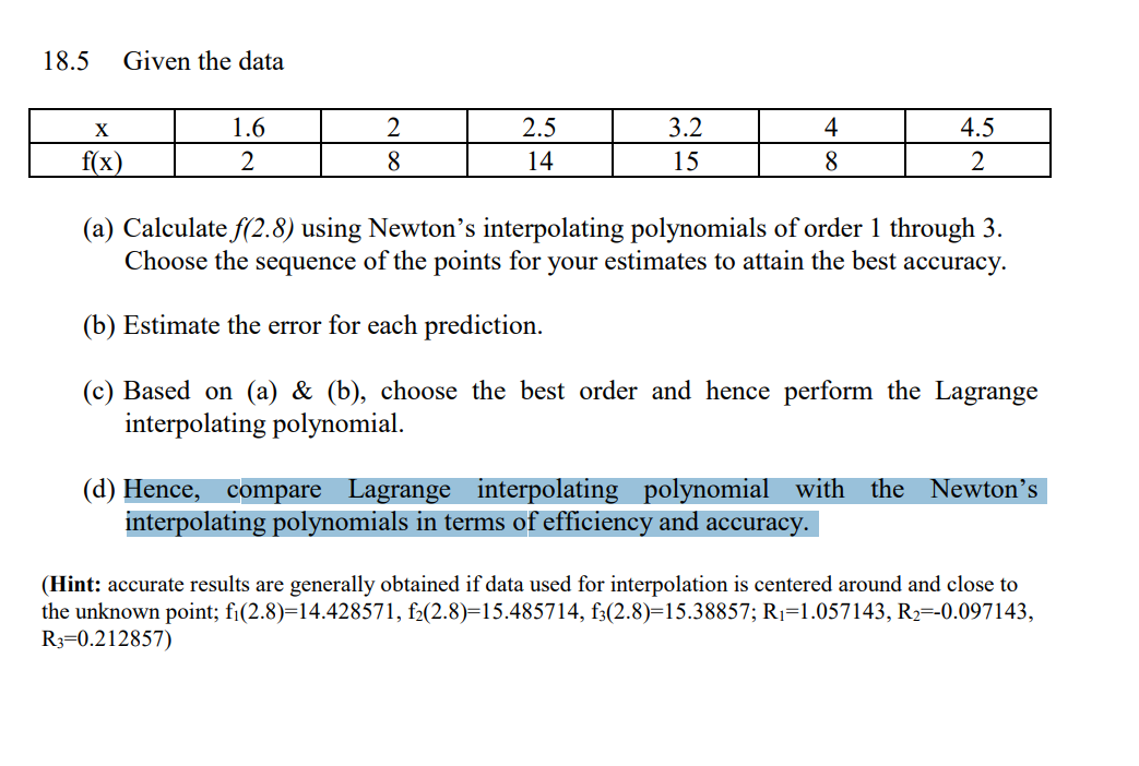Solved 18.5 Given the data 1.6 4 X f(x) 2 8 2.5 14 3.2 15 | Chegg.com