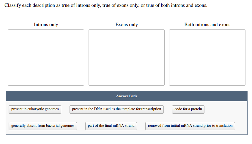 Solved Classify each description as true of introns only, | Chegg.com