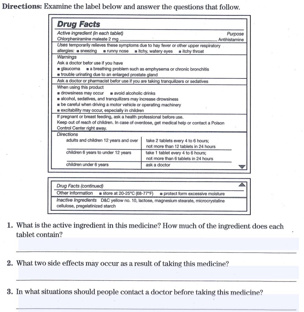 Solved Directions: Examine the label below and answer the | Chegg.com