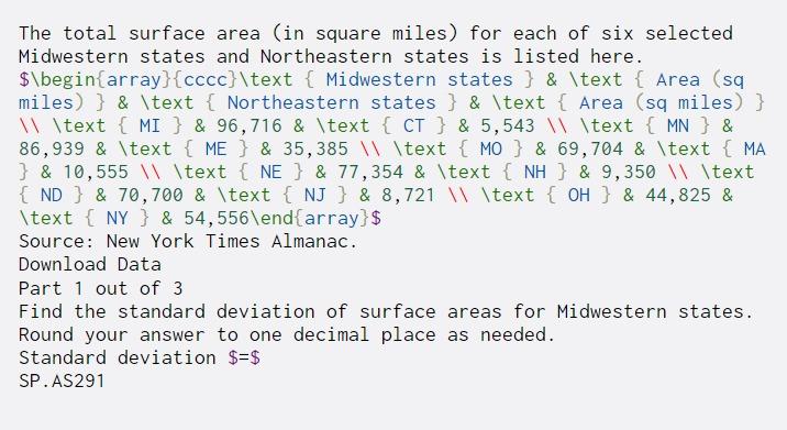 Solved The total surface area (in square miles) for each of | Chegg.com