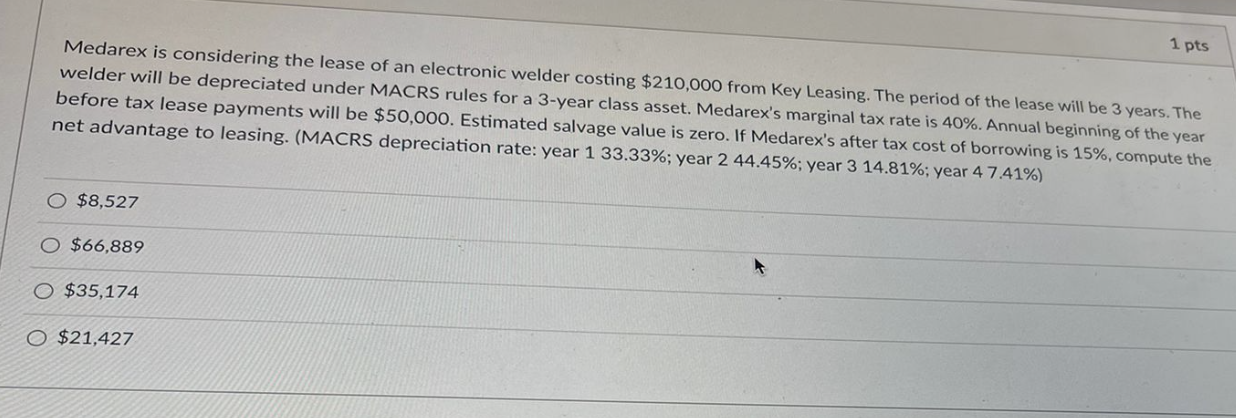 Solved 1 pts Medarex is considering the lease of an | Chegg.com