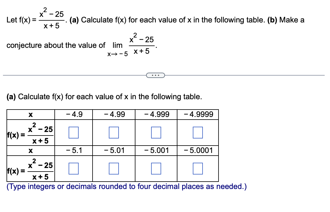 Solved Let f(x)=x+5x2−25. (a) Calculate f(x) for each value | Chegg.com