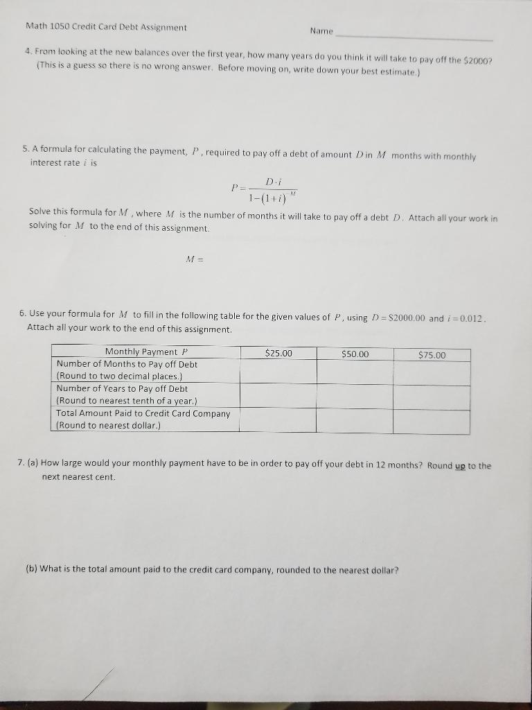 Solved Math 1050 Credit Card Debt Assignment You have | Chegg.com