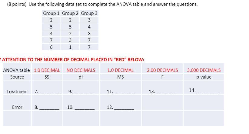 Solved (8 points) Use the following data set to complete the | Chegg.com