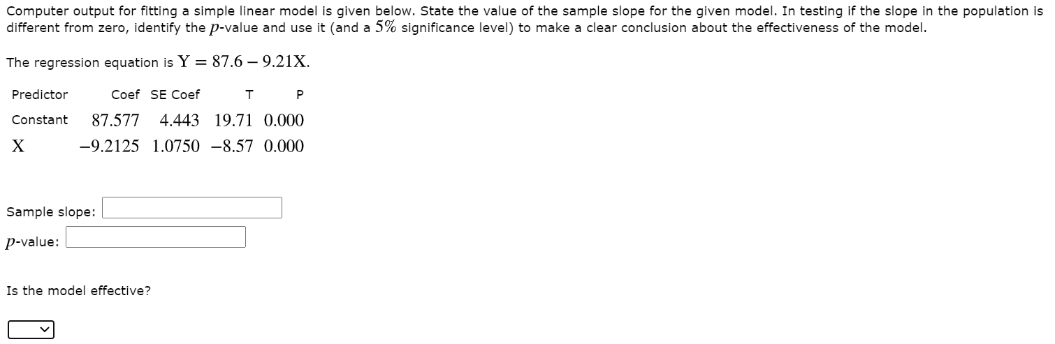 Solved Computer output for fitting a simple linear model is | Chegg.com