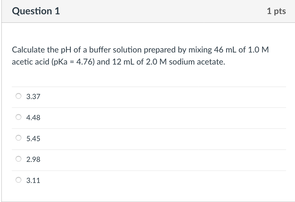 Solved Question1 1 pts Calculate the pH of a buffer solution | Chegg.com