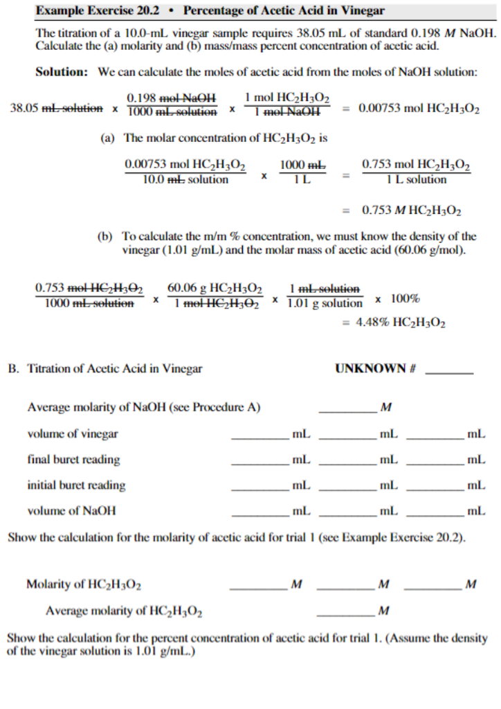 Example Exercise 20.2 - Percentage of Acetic Acid in | Chegg.com