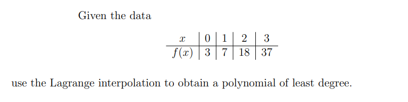 Solved Given the data use the Lagrange interpolation to | Chegg.com