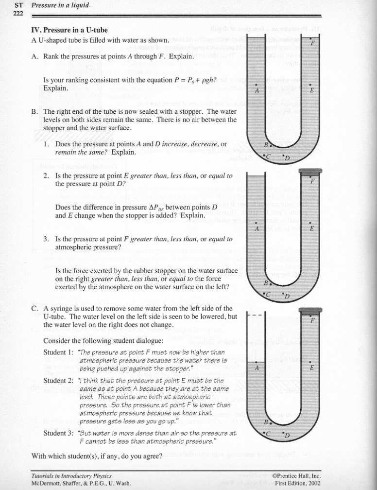 Solved: ST Pressure In A Liquid IV. Pressure In A U-tube A... | Chegg.com