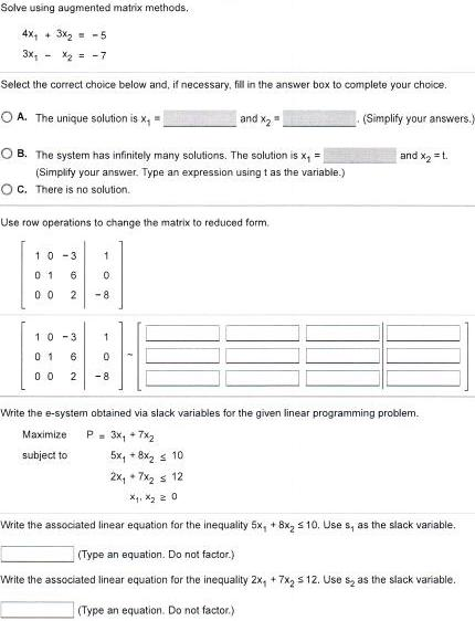 Solved Solve using augmented matrix methods, Select the | Chegg.com