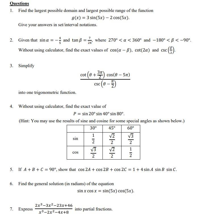 Solved Questions 1. Find the largest possible domain and | Chegg.com