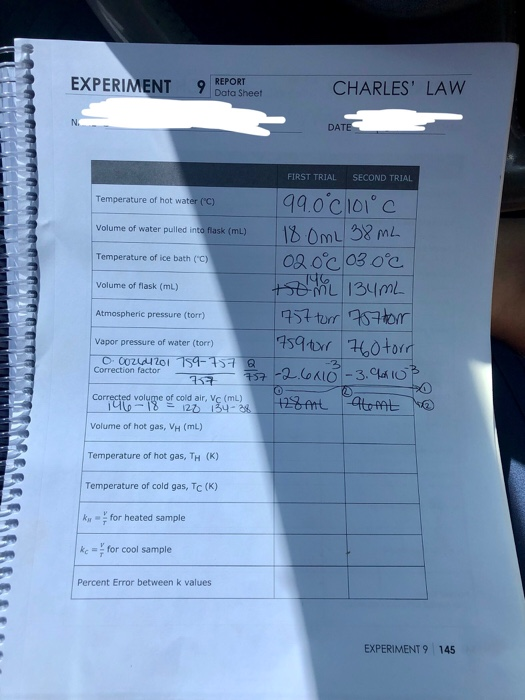 Solved EXPERIMENT 9hee REPORT CHARLES' LAW DAT FIRST TRIAL | Chegg.com