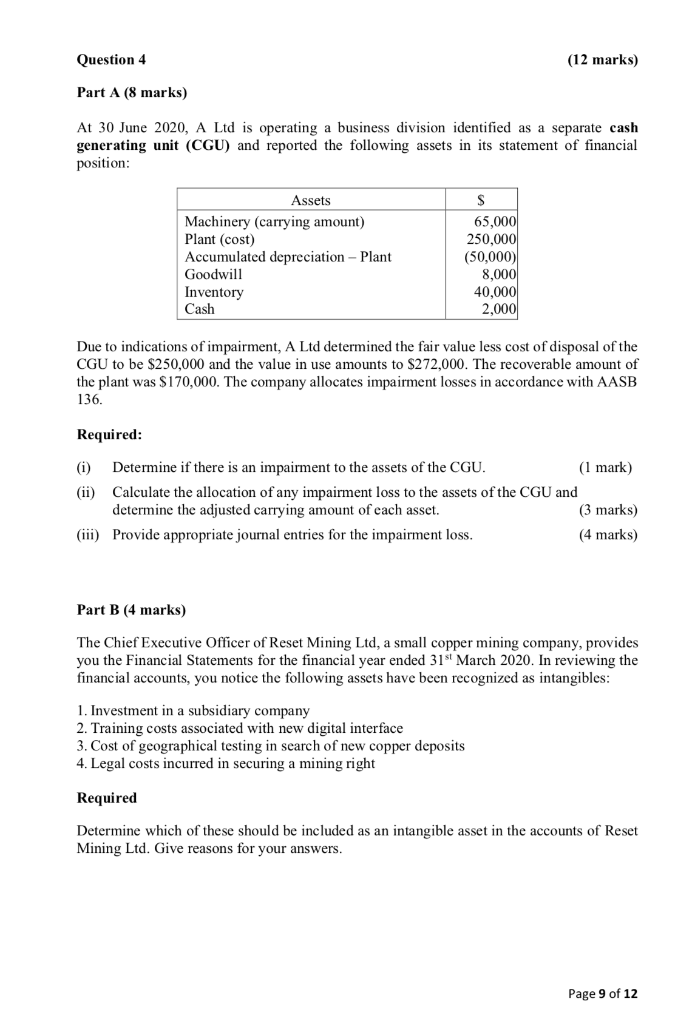 Question 4 (12 marks) Part A (8 marks) At 30 June | Chegg.com
