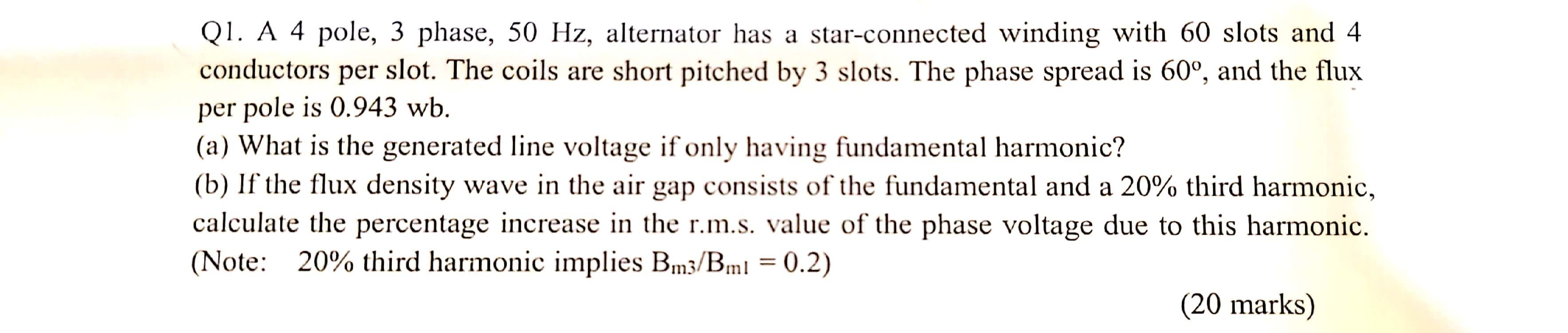 Solved Q1. A 4 pole, 3 phase, 50 Hz, alternator has a | Chegg.com