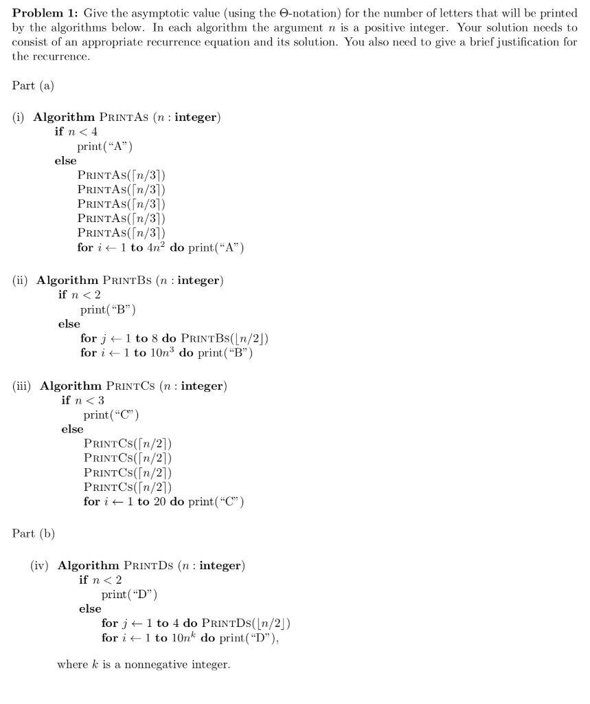 Solved Problem 1: Give the asymptotic value (using the | Chegg.com
