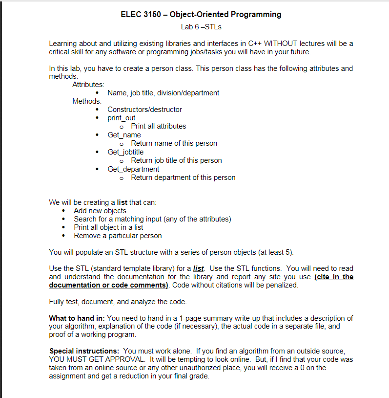 Solved Elec 3150 Object Oriented Programming Lab 6 Stls