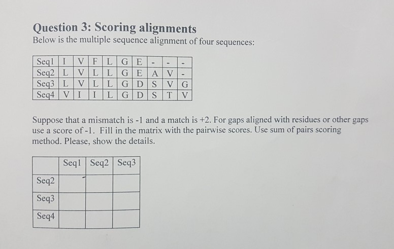 Solved Question 3: Scoring alignments Below is the multiple | Chegg.com