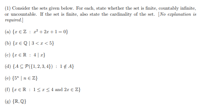Solved (1) Consider the sets given below. For each, state | Chegg.com