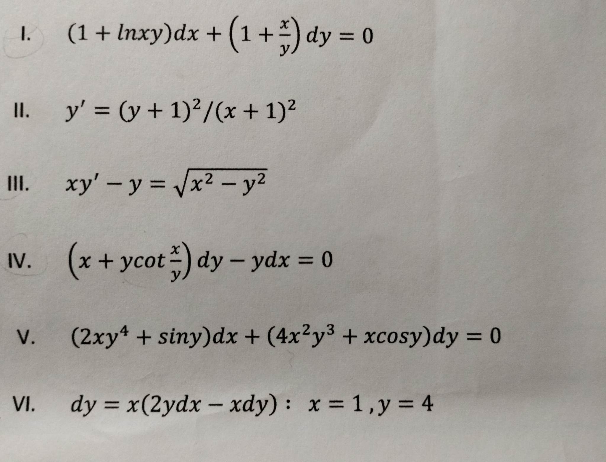 Solved 1. (1+lnxy)dx+(1+yx)dy=0 II. y′=(y+1)2/(x+1)2 III. | Chegg.com