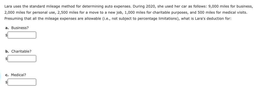 Solved Lara uses the standard mileage method for determining | Chegg.com