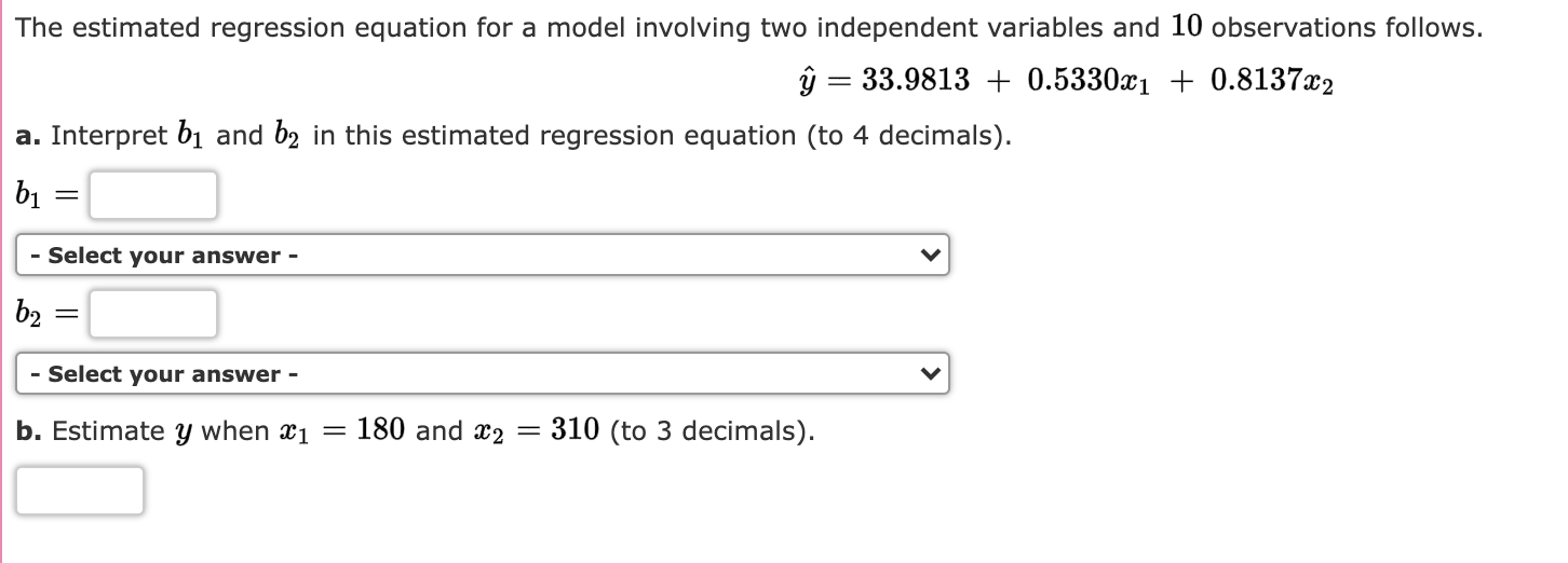 Solved The estimated regression equation for a model | Chegg.com