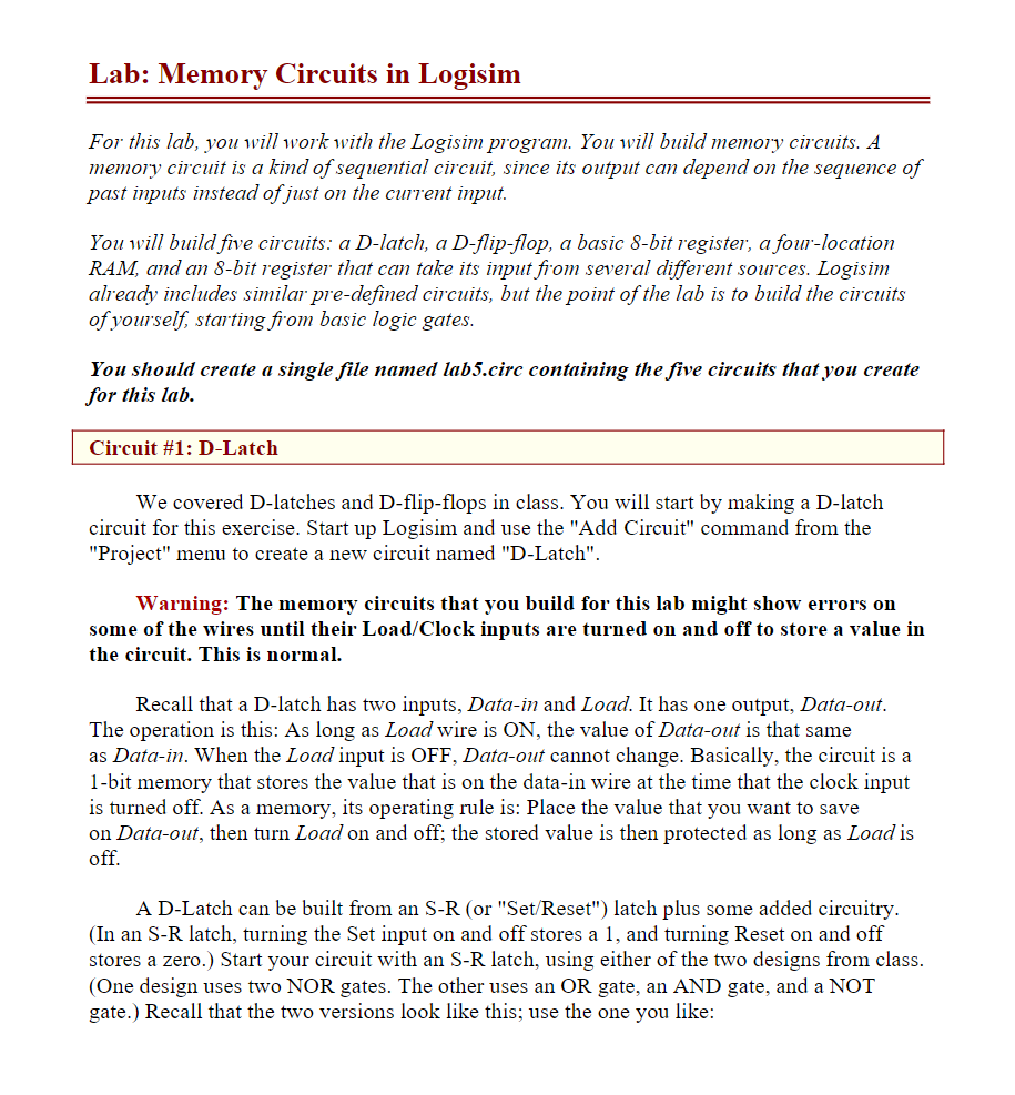 Solved Lab Memory Circuits In Logisim For This Lab You 