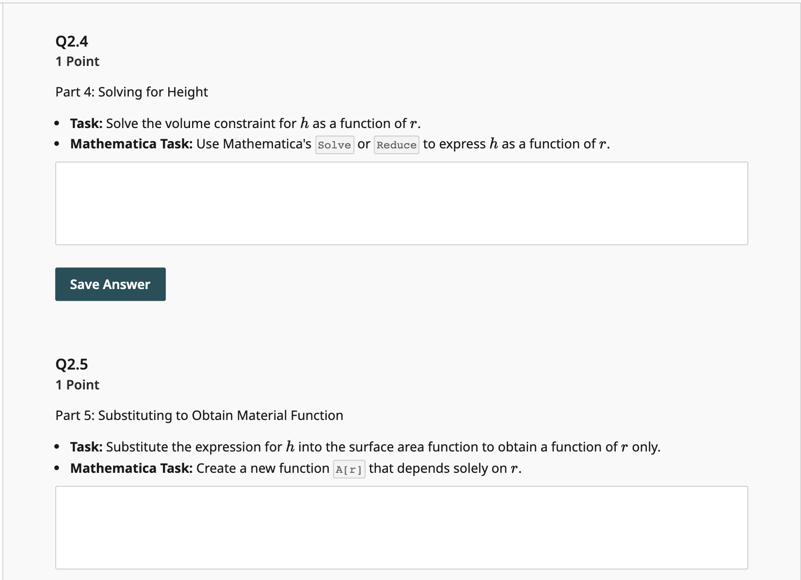 Solved 9 Points Mathematica Assignment: Minimizing Material | Chegg.com