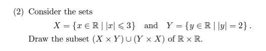 Solved (2) Consider the sets X={x∈R∣∣x∣⩽3} and | Chegg.com