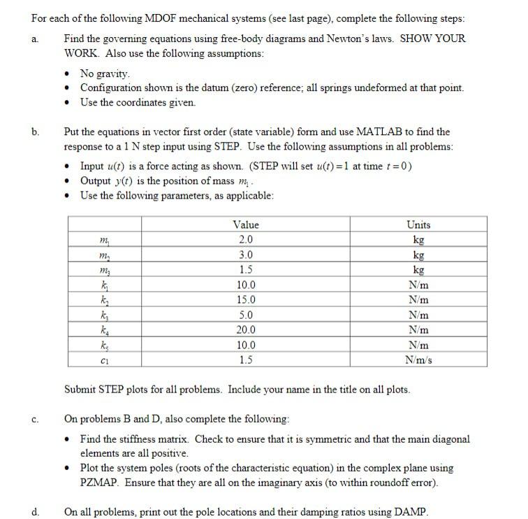 Solved For each of the following MDOF mechanical systems | Chegg.com