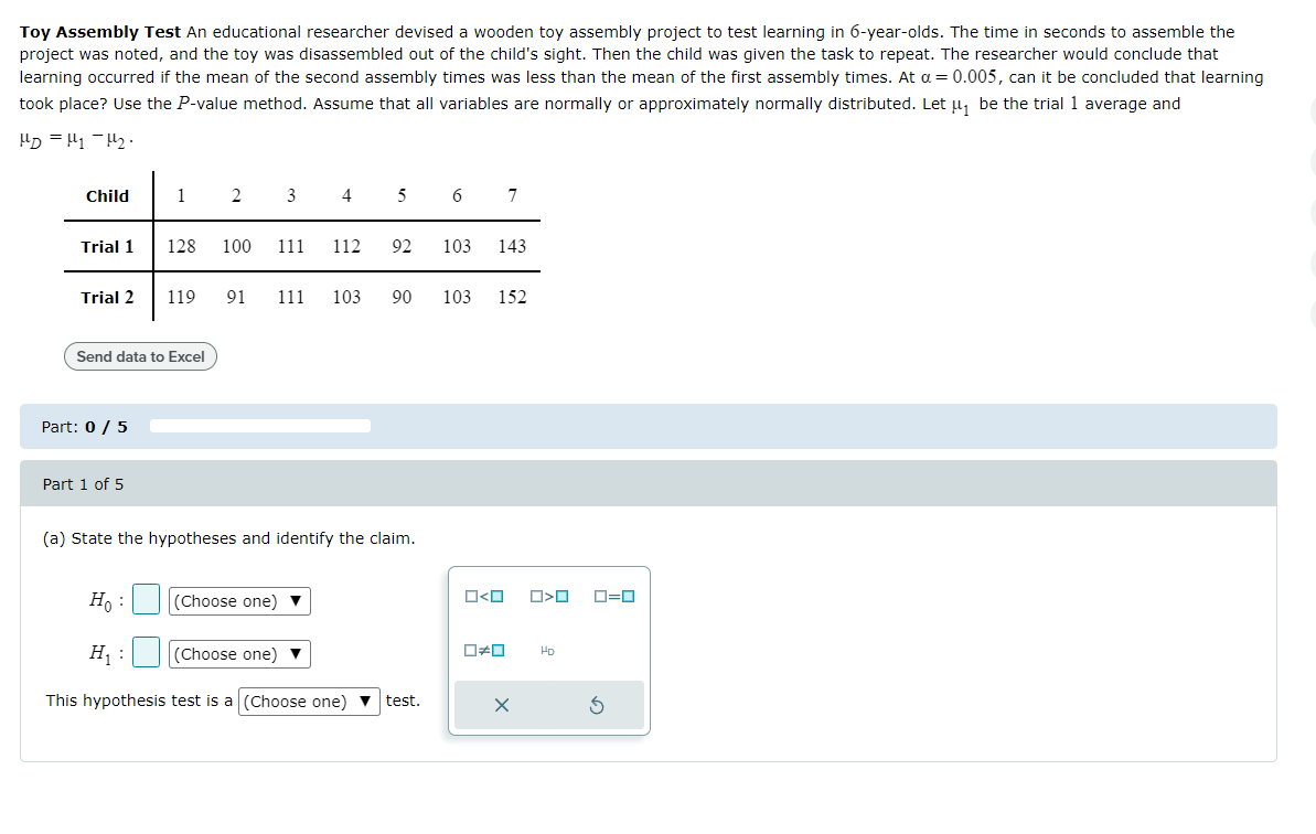 Solved Toy Assembly Test An educational researcher devised a | Chegg.com