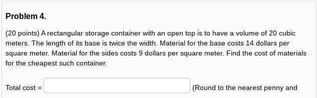 Solved Problem 4. (20 points) A rectangular storage | Chegg.com