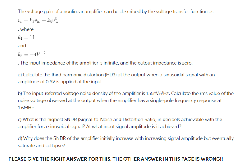 Solved The voltage gain of a nonlinear amplifier can be | Chegg.com