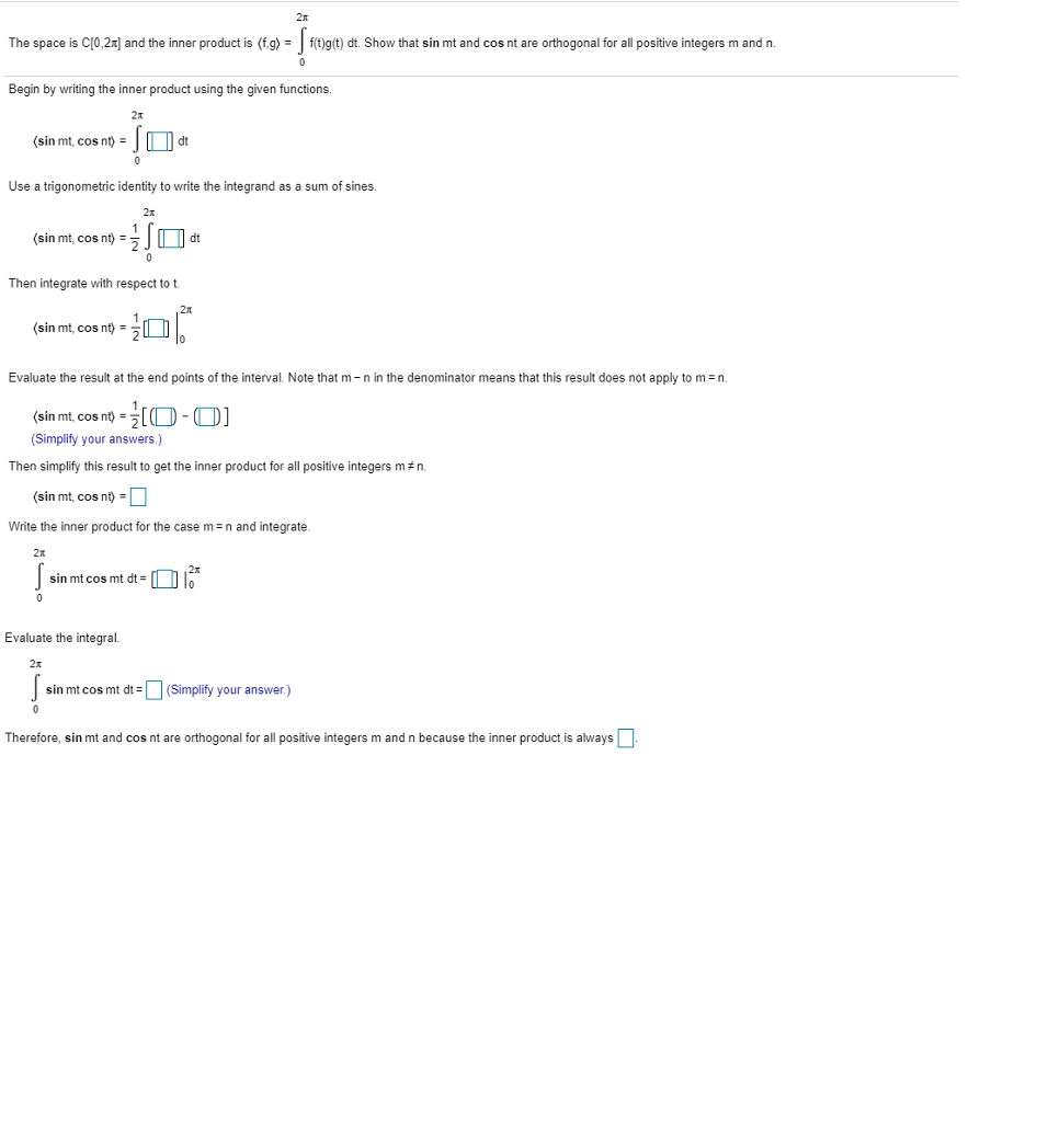 Solved 2π The space is C[0.2지 and the inner product is(fg)- | Chegg.com