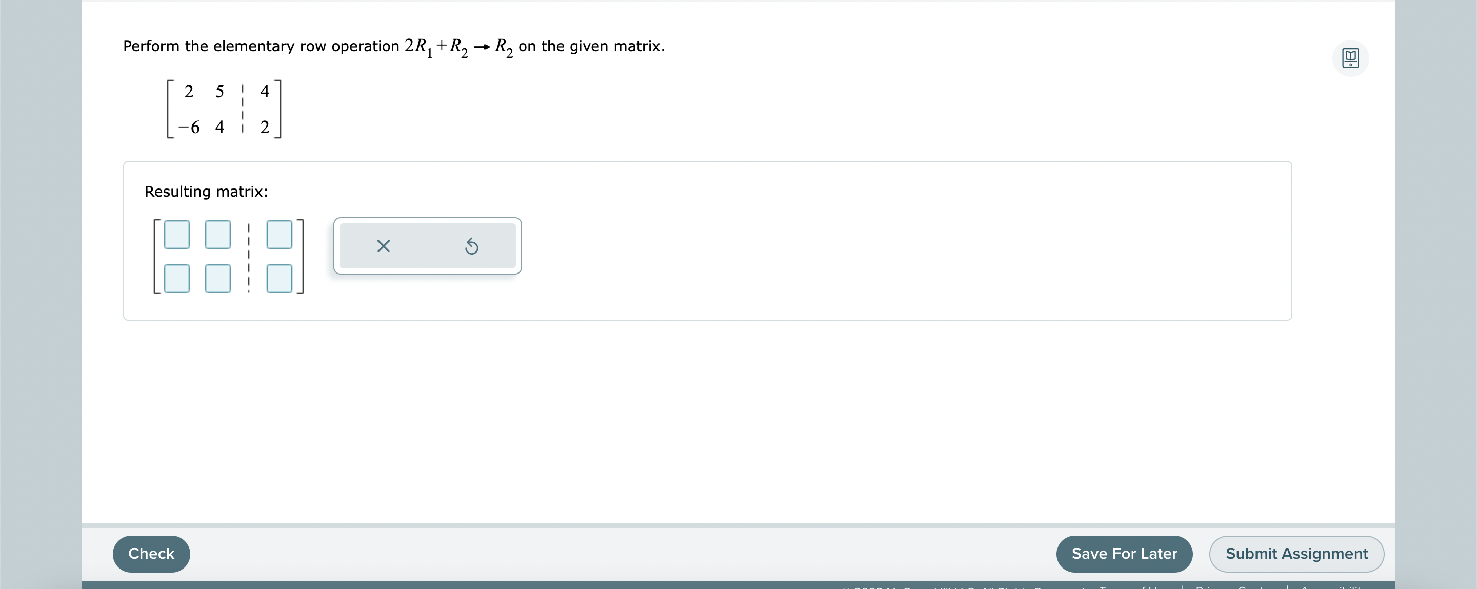 Solved Perform the elementary row operation 2R1+R2→R2 on the | Chegg.com