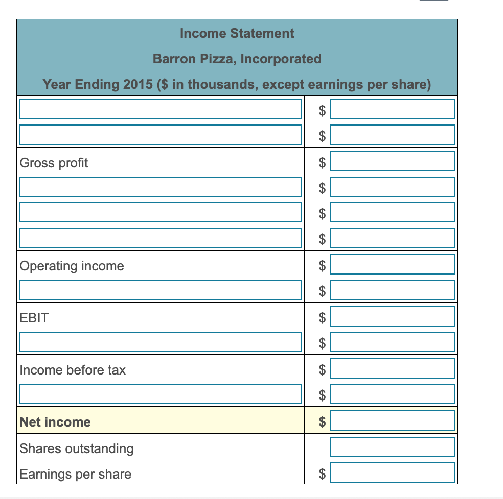 Solved Income statement. Construct the Barron Pizza, Inc. | Chegg.com
